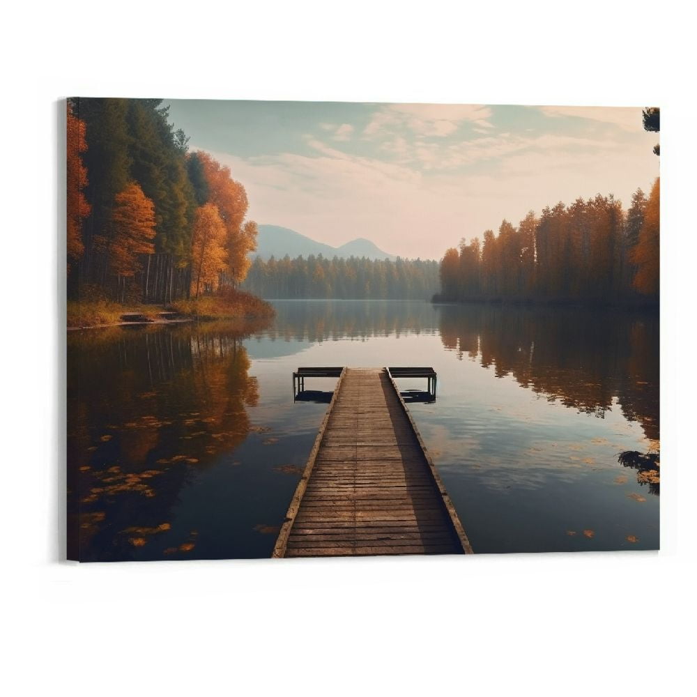Creowell Nature Wall Art Canvas Picture: Lake Scene Forest Artwork ...