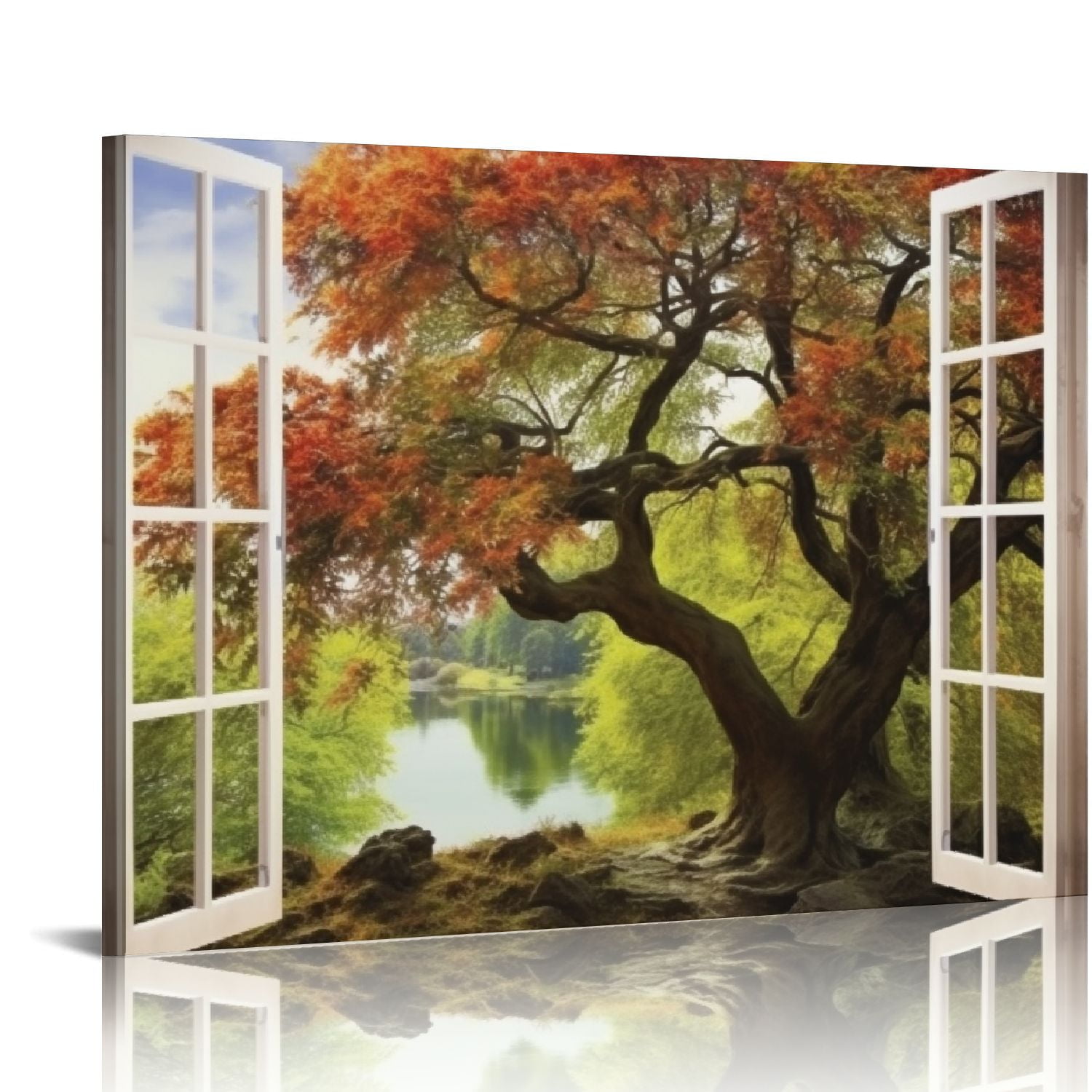Creowell Nature Wall Art Scenic Window View of Autumn Forest near Lake ...