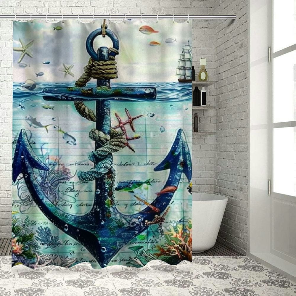 Creowell Nautical Anchor Shower Curtain Beach Theme Starfish Seashell ...