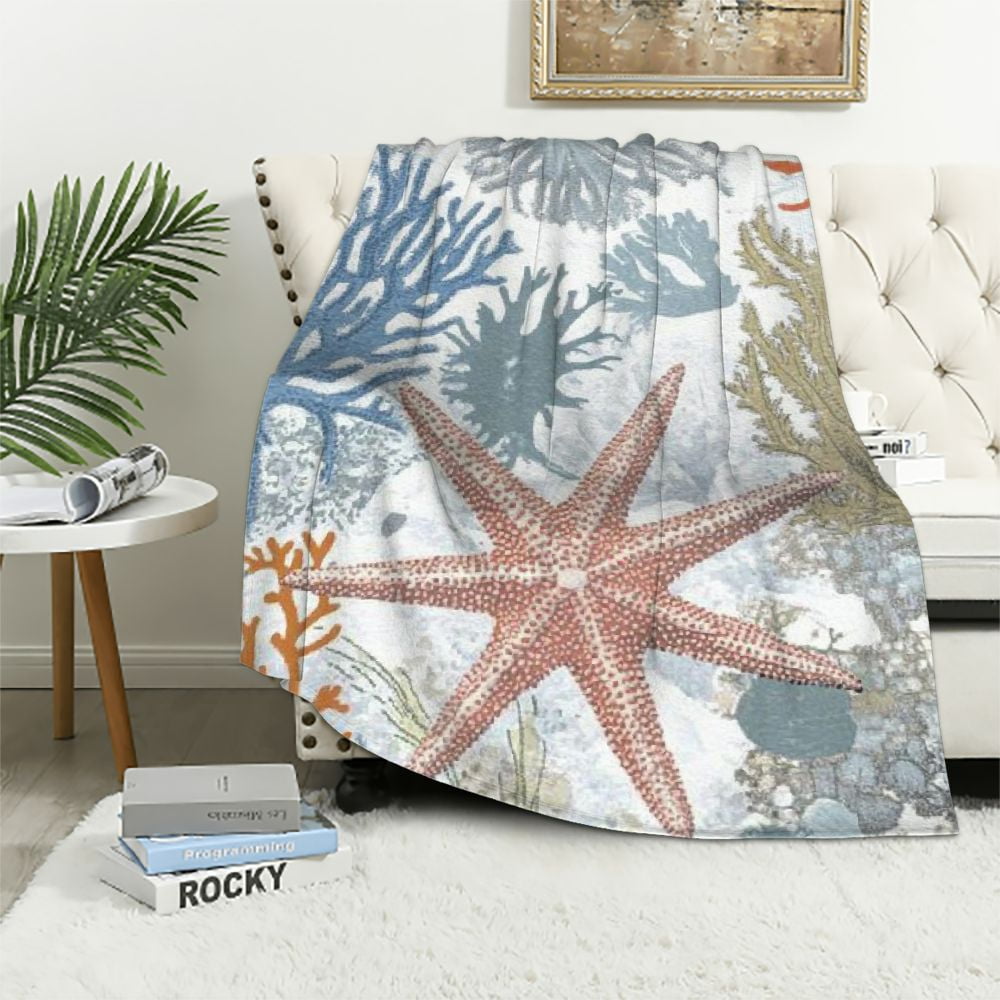 Creowell Nautical Coastal Blanket Starfish Seashell Coral Beach Themed ...