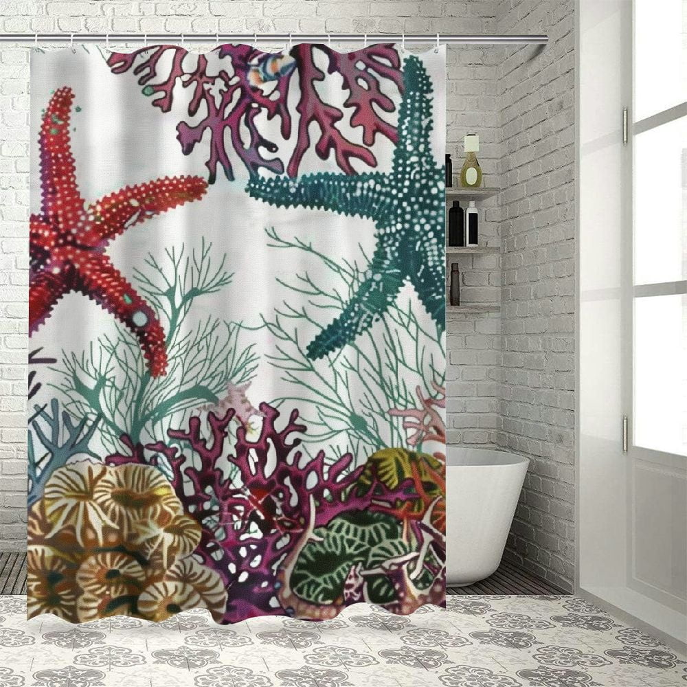 Creowell Nautical Coastal Shower Curtain Vintage Starfish Conch Coral ...