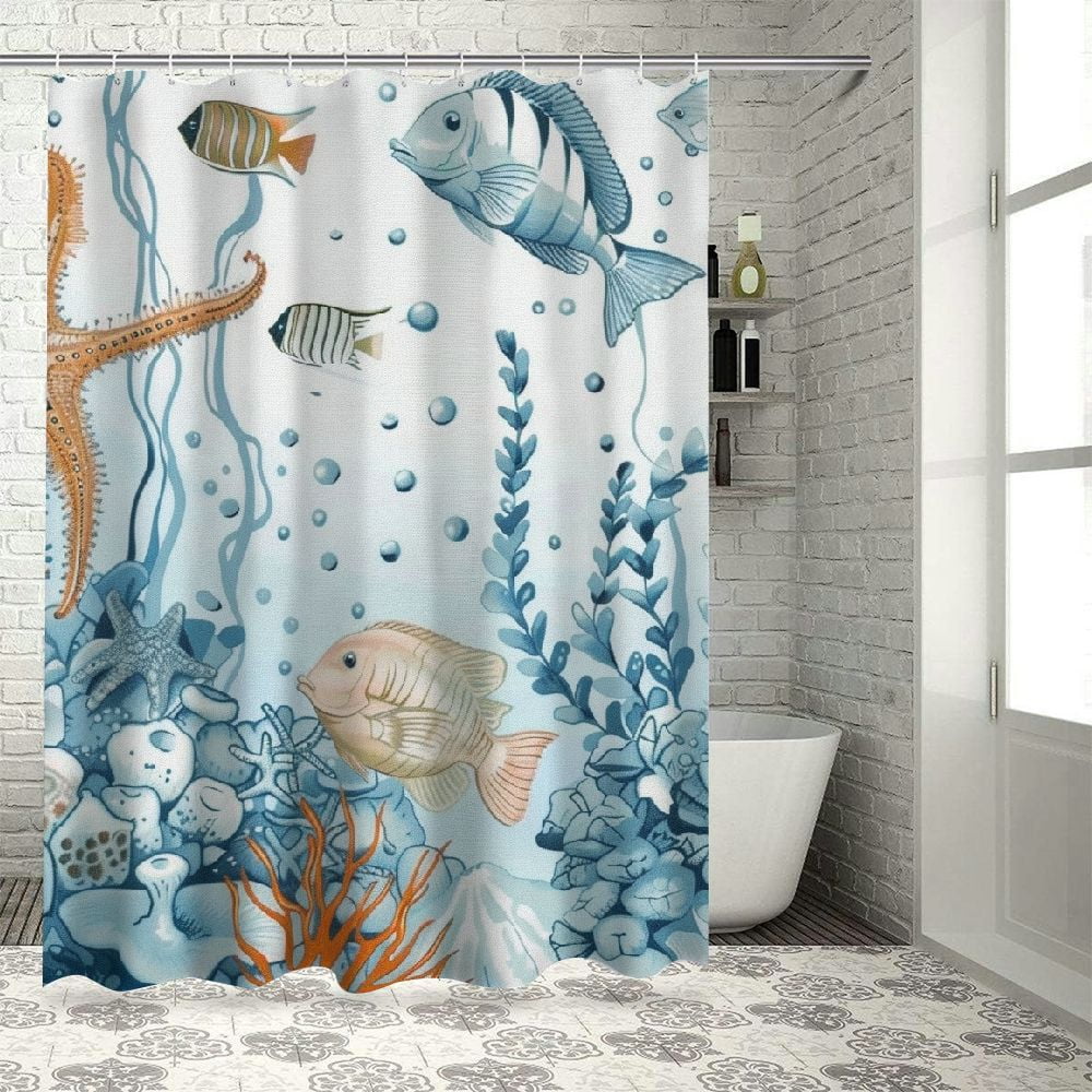 Creowell Nautical Coastal Shower Curtain with Hooks, Ocean Themed Coral ...