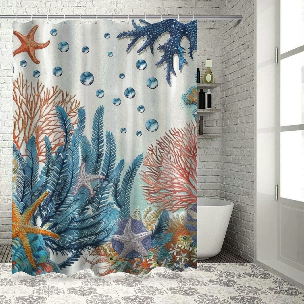 Creowell Nautical Coastal Shower Curtains Coral Starfish Seashell Beach ...
