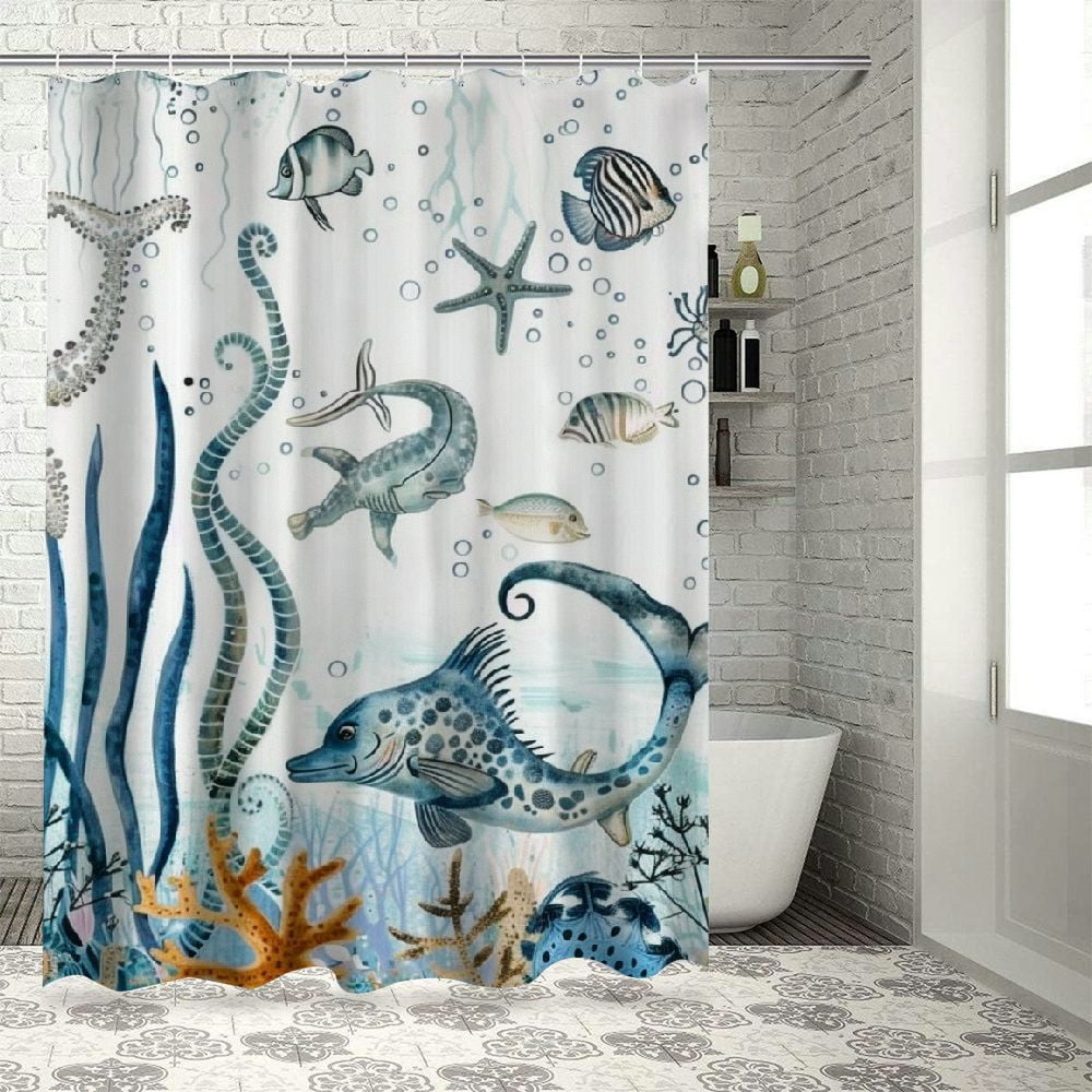 Creowell Nautical Seahorse Shower Curtain Coral Seashell Underwater ...