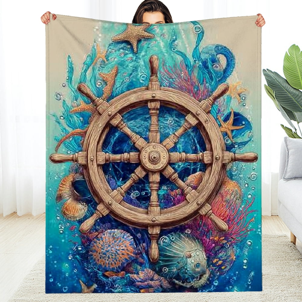 Creowell Nautical Ship Wheel Blanket 50"x60", Ocean Plush Blankets ...