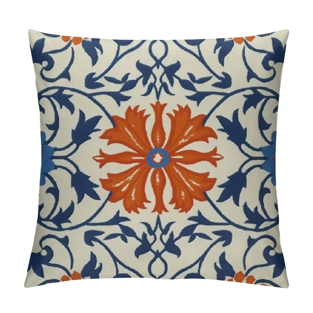 Creowell Navy Blue Orange Pillow Covers, Ethnic Carpet Pattern Design ...