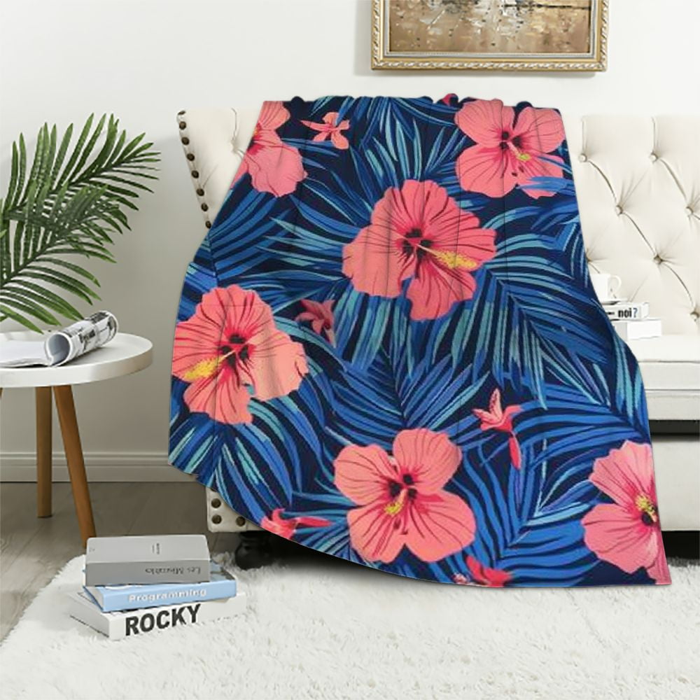Creowell Navy Hawaiian Tropical Flowers and Palm Leaves Blanket All ...