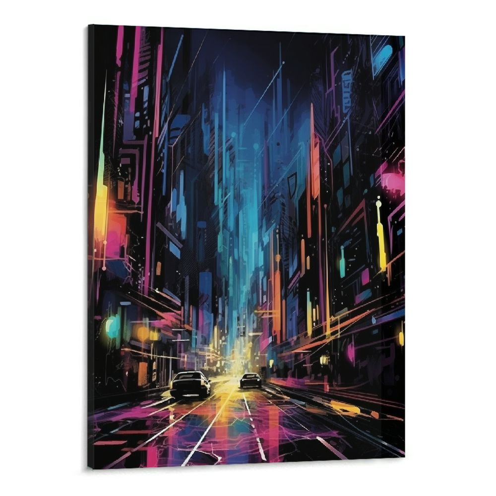 Creowell New York City at Night Modern Abstract Neon Contrast Painting ...