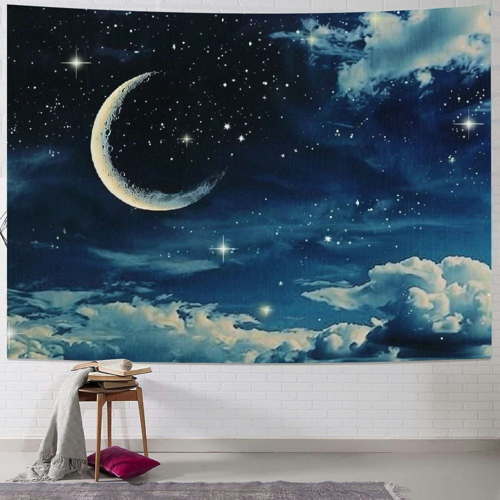 Creowell Night Sky Tapestry, Cartoon Themed Clouds Alluring Moon Lunar ...