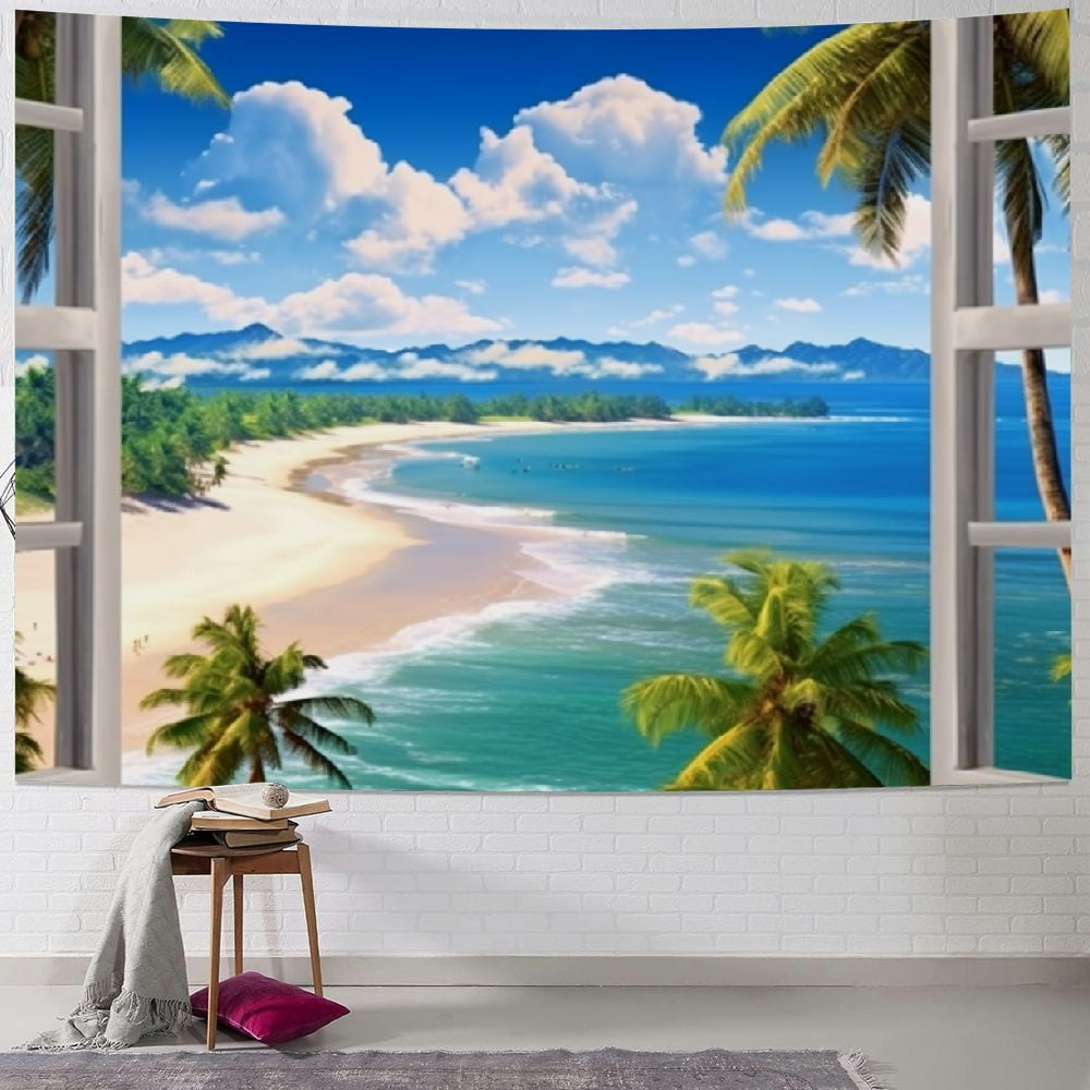 Creowell Ocean Beach Tapestry, Hawaii Sea Nature Fake Faux Window Art ...