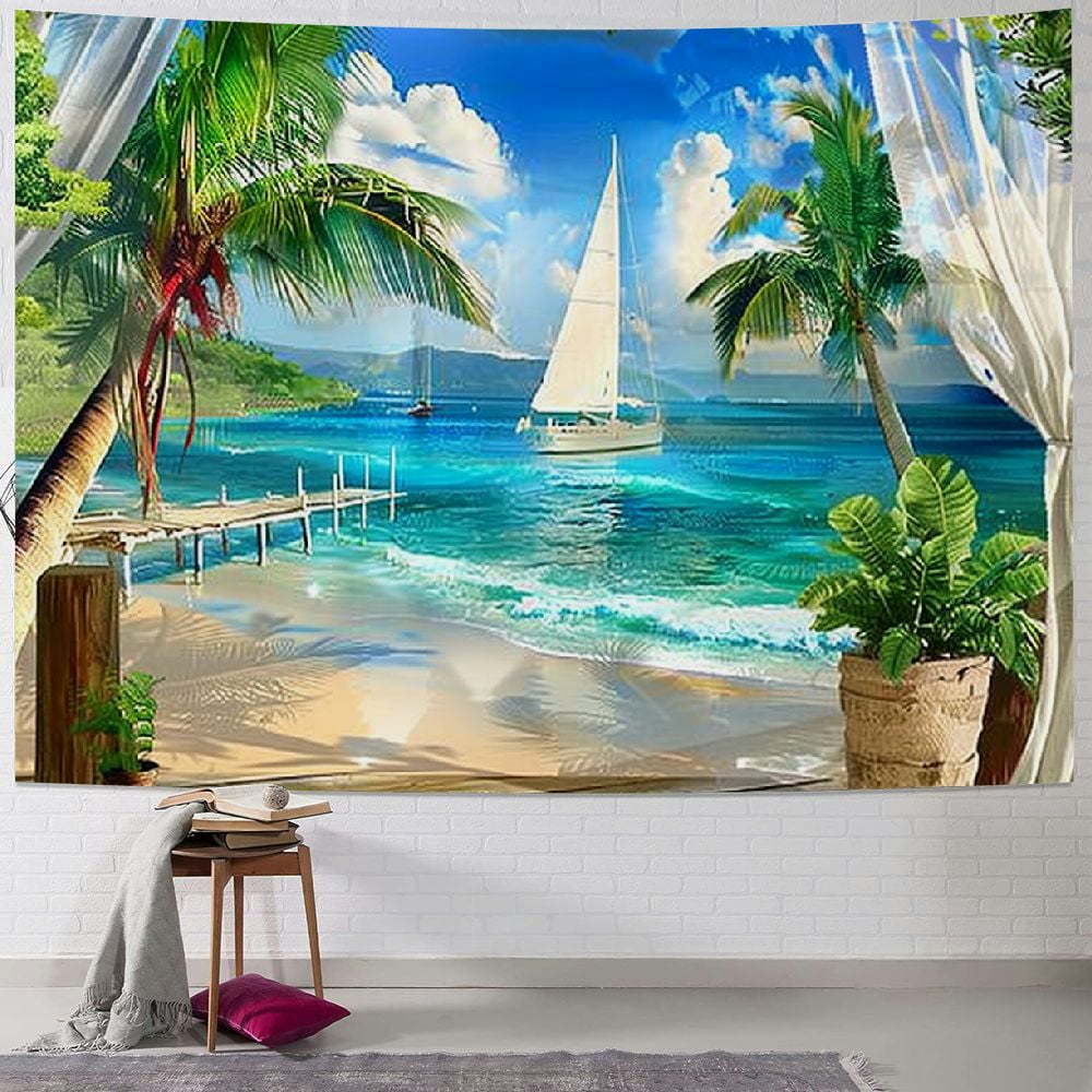 Creowell Ocean Beach Tapestry, Nature Coconut Palm Tree Garden Scenery ...
