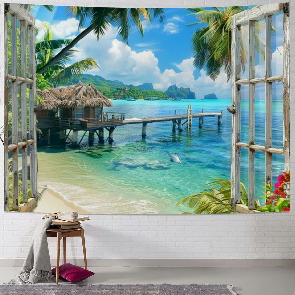 Creowell Ocean Beach Tapestry, Summer Blue Sea Window Tapestry Wall ...