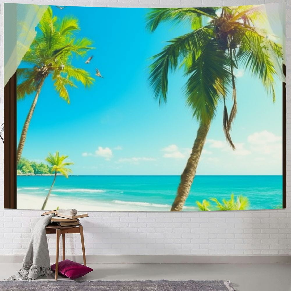 Creowell Ocean Beach Tapestry Tropical Seaside Island Palm Tree Waves ...