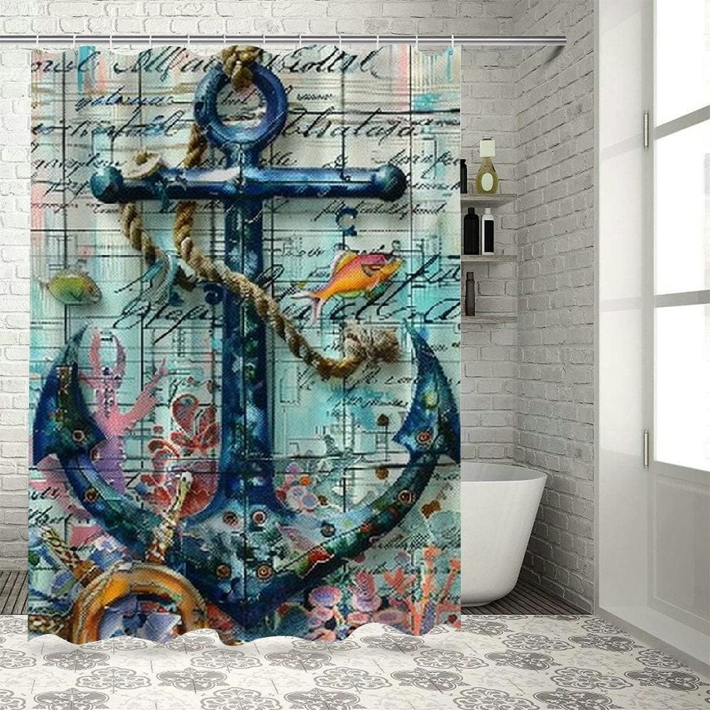 Creowell Ocean Coastal Shower Curtain for Bathroom, Beach Theme Anchor ...