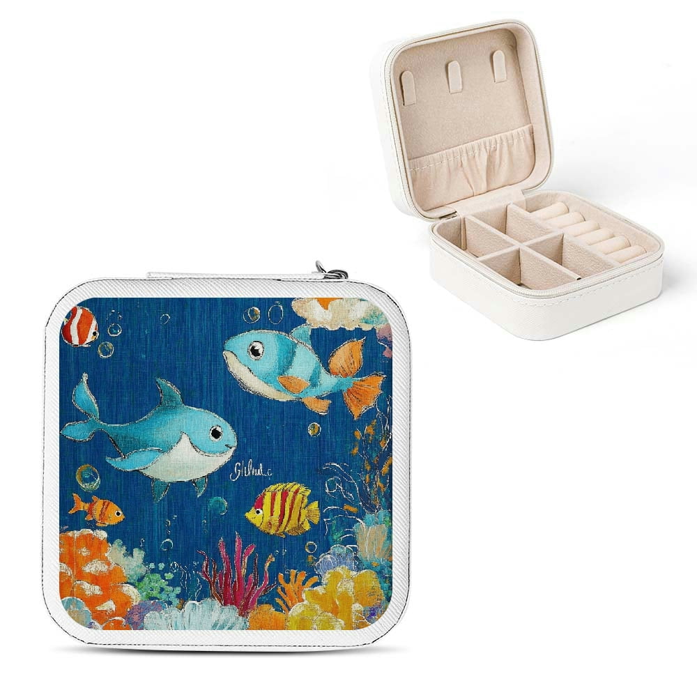 Creowell Ocean Fish Sea Animals PU Leather Jewelry Box for Travel White ...