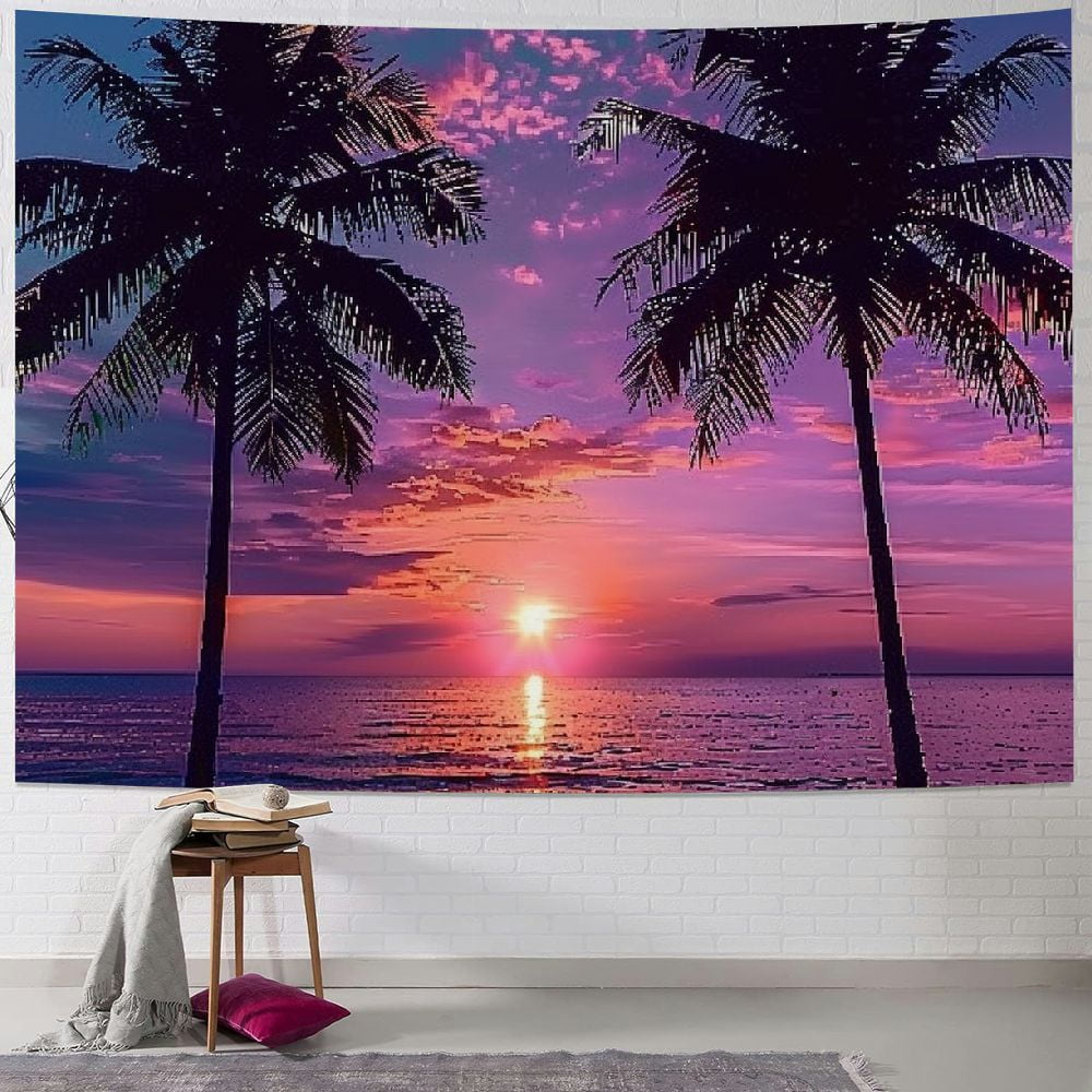 Creowell Ocean Sunset Tapestry Tropical Beach Palm Tree Dusk Sky Hawaii Seaside Nature Seascape ...