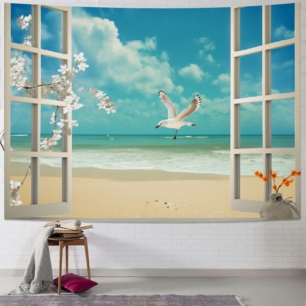 Creowell Ocean Tapestry for Wall Decor, Shell Starfish Seagull Flowers ...