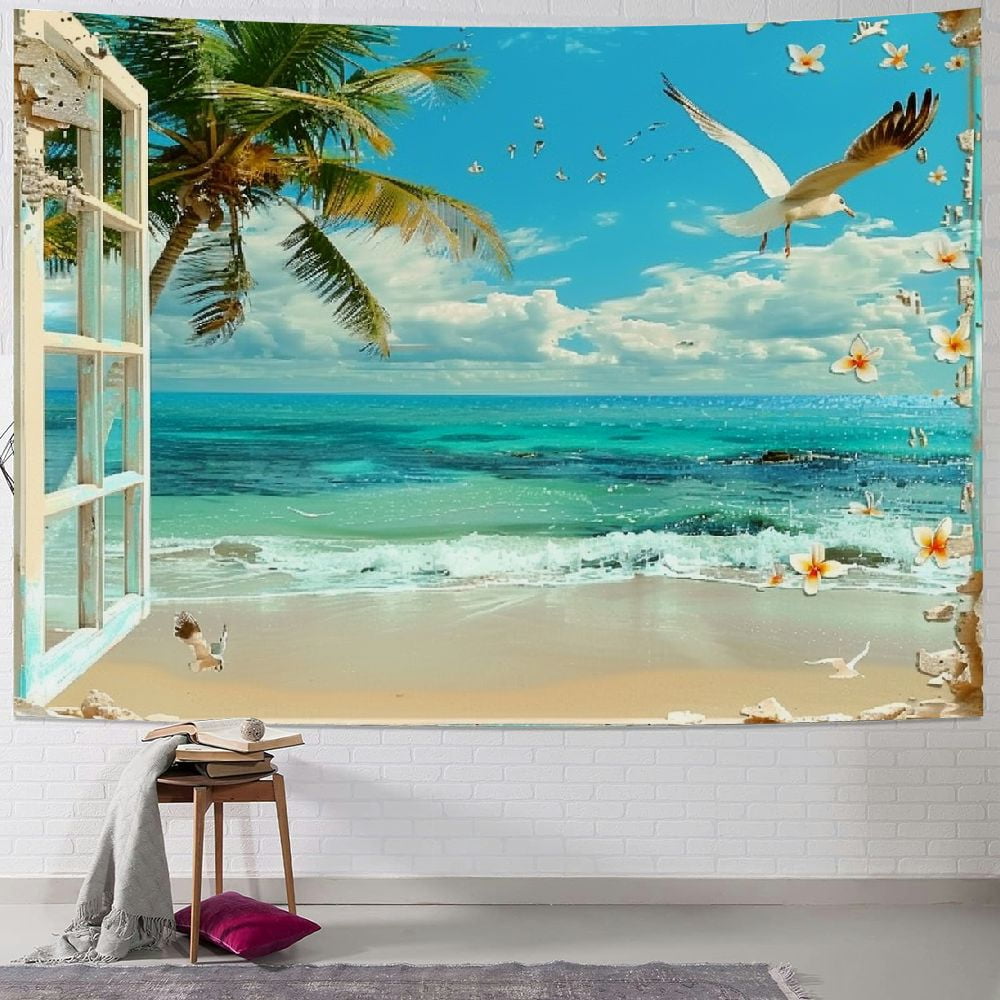 Creowell Ocean Tapestry for Wall Decor, Shell Starfish Seagull Flowers ...