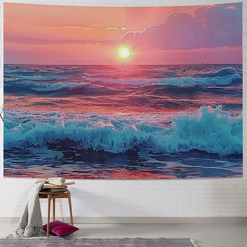 Creowell Ocean Tapestry Wall Hanging, Sea Beach Wave Sun Cloud ...