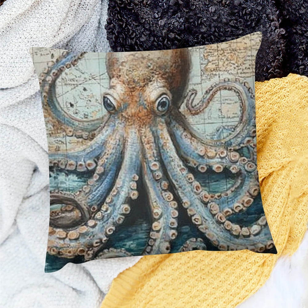 Creowell Octopus Sea Shells Map Party Decor Pillow Cover 100% Linen ...