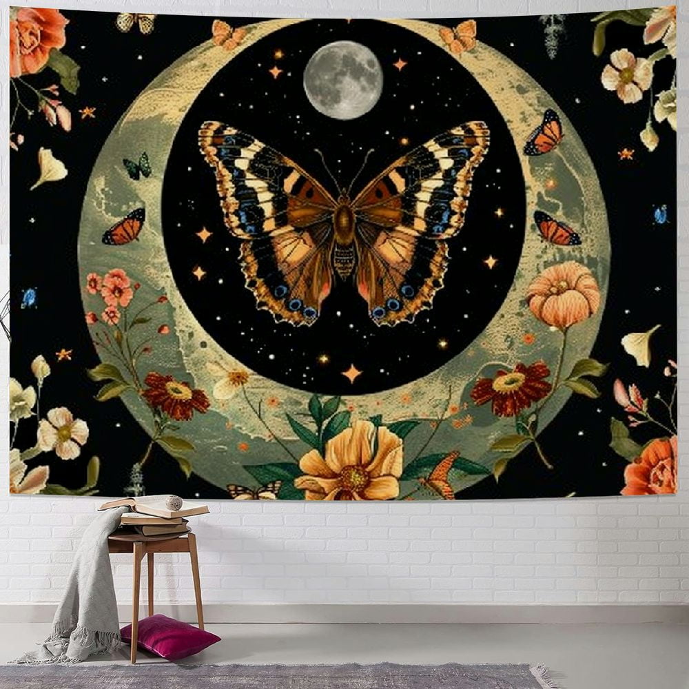Creowell Orange Butterfly Moon Flower Tapestry Botanical Floral Plant ...