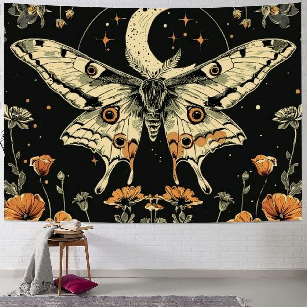Creowell Orange Moth Tapestry Boho Retro Floral Flowers Tapestries ...