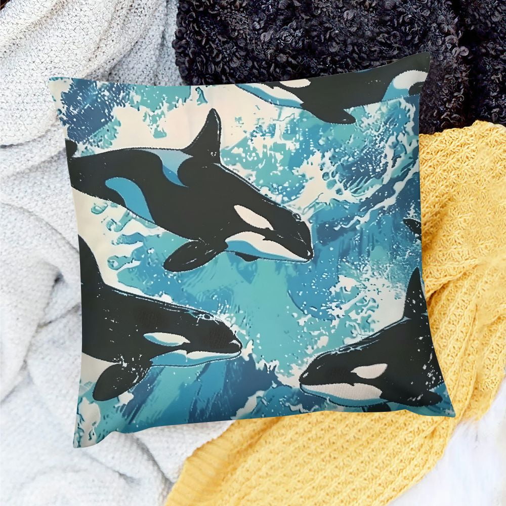 Creowell Orca Whales Ocean Waves Linen Pillow Cover for Home Sofa Couch, Set of 1, No Insert ...