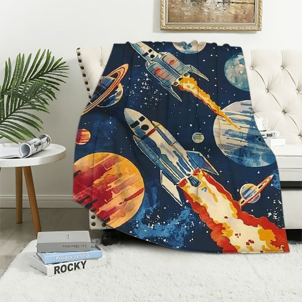 Creowell Outer Space Theme Throw Blanket for Kids, Blue Space Astronaut ...