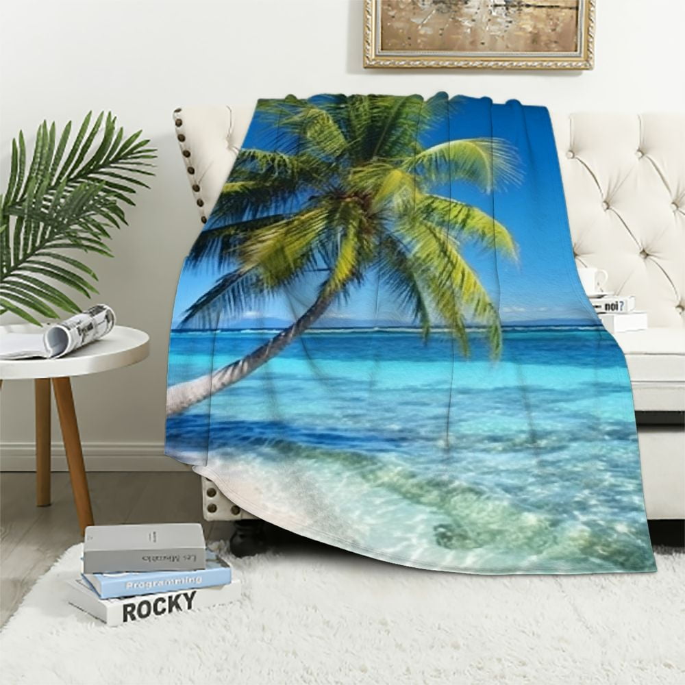 Creowell Palm Tree Beach Blue Water Print Flannel Throw Blanket all ...