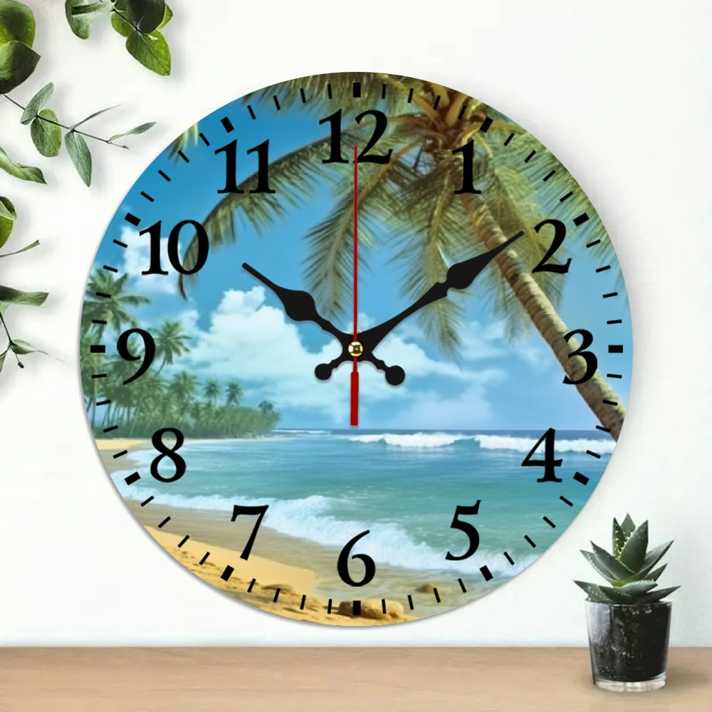 Creowell Palm Tree Print Wall Clock 10 Inch Battery Operated Decor ...