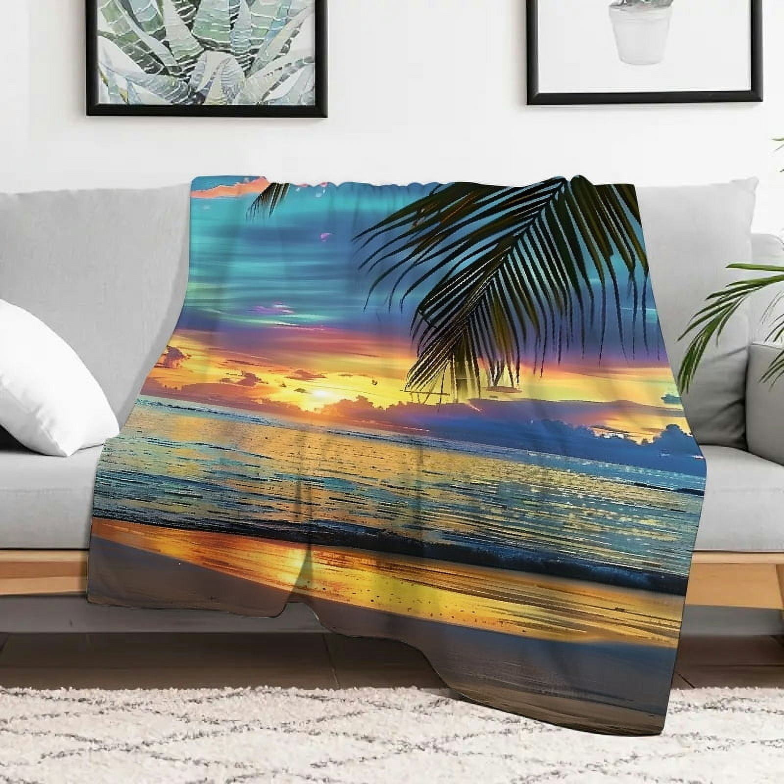 Creowell Palm Tree Sunset Beach Flannel Soft Cozy Blanket, Warm ...