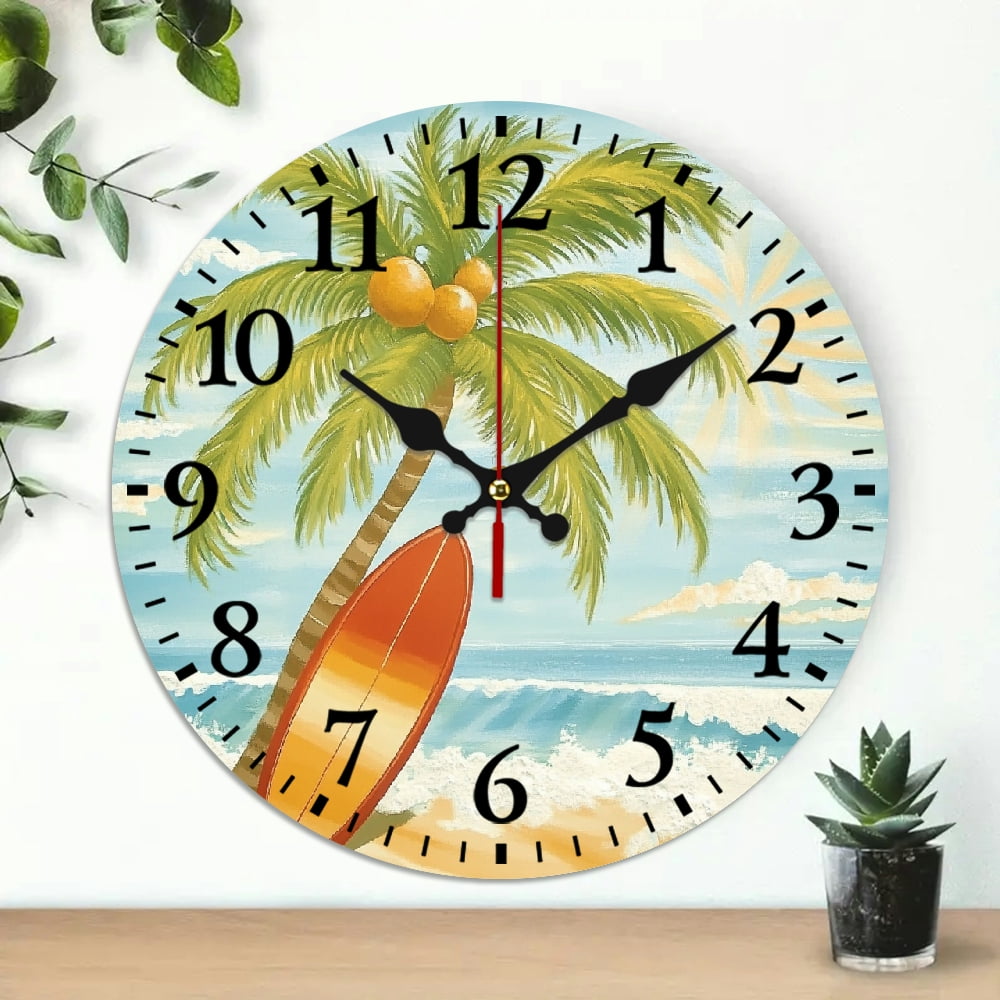 Creowell Palm Tree Surfboard Beach Wooden Wall Clock 10 Inch Decor ...