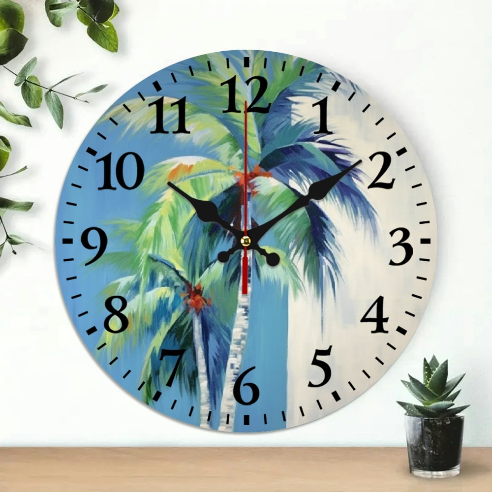 Creowell Palm Tree Wooden Wall Clock Wall Art Decor, Battery Operated ...