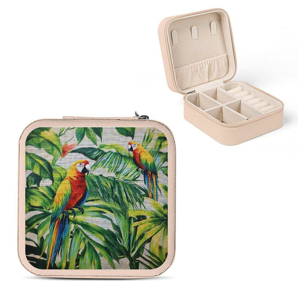 Creowell Parrots Palm Leaves Tropical Jewelry Box Travel Organizer Pink ...