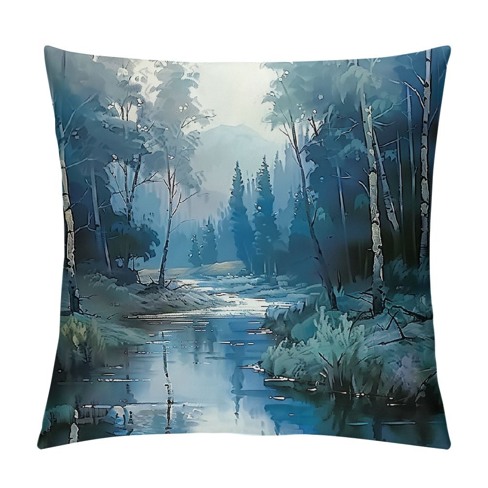Creowell Pillow Covers Birch Tree Throw Pillows, Blue Landscape Nature ...