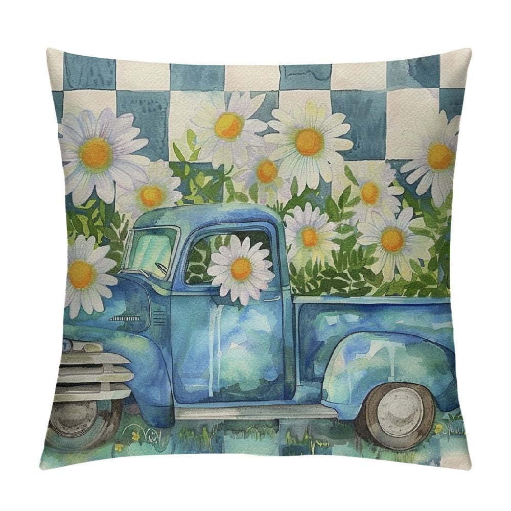 Creowell Pillow Covers Buffalo Plaid Daisy Truck Bloom Hello Sunshine ...