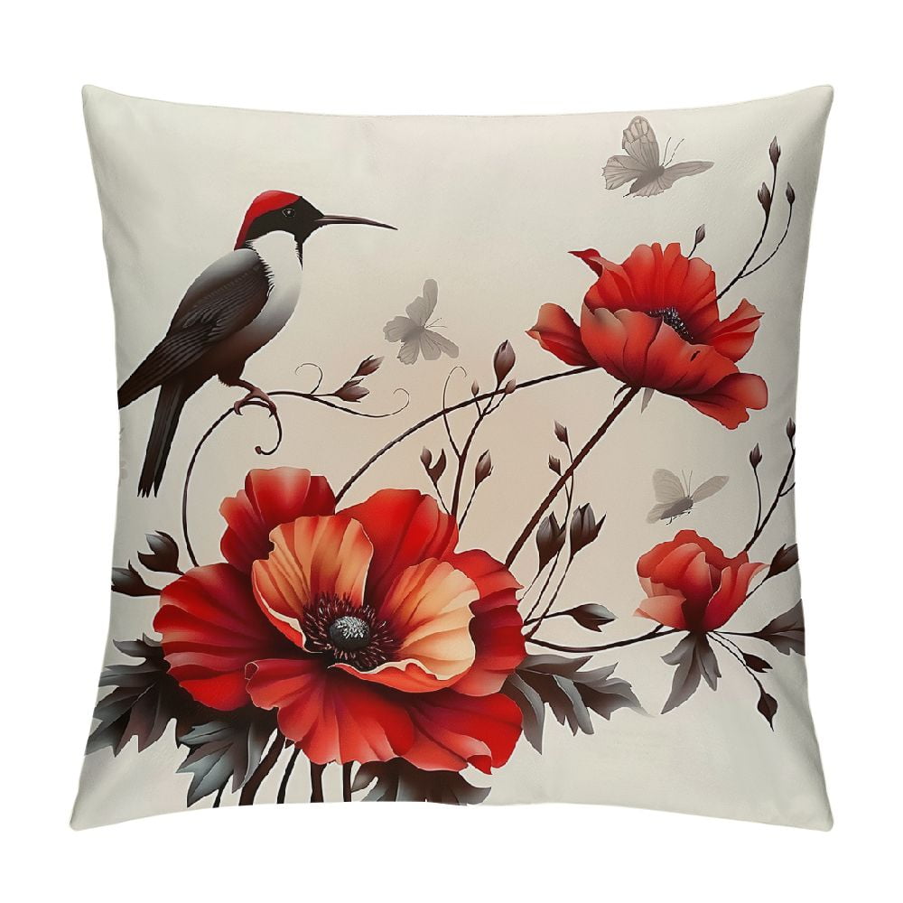 Creowell Pillow Covers Red Poppy Throw Pillows, Hummingbird with Flower ...