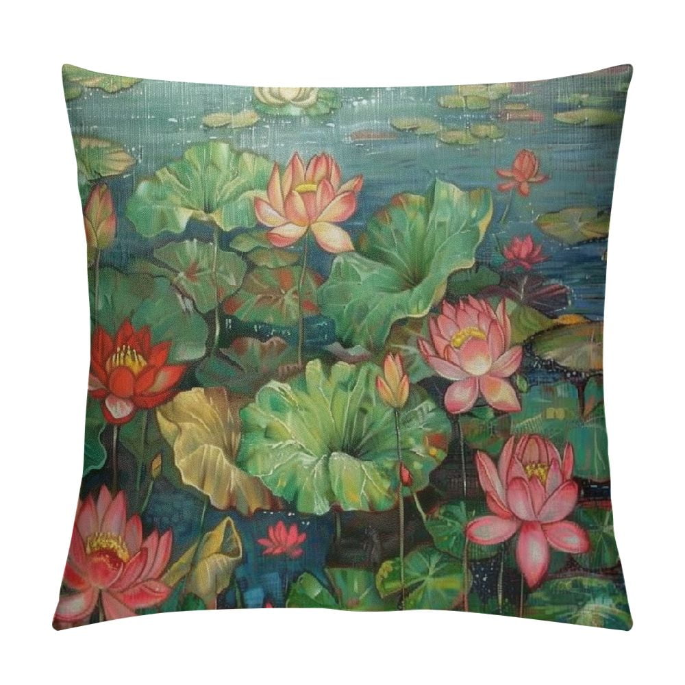 Creowell Pink Artist Lotus Throw Pillow Covers,Green Bloom Oil Color ...