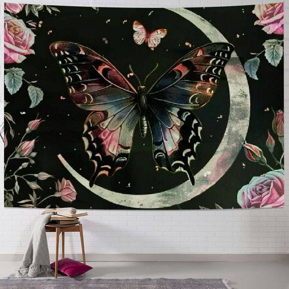 Creowell Pink Butterfly Tapestry Wall Hanging Boho Starry Sky and Moon ...