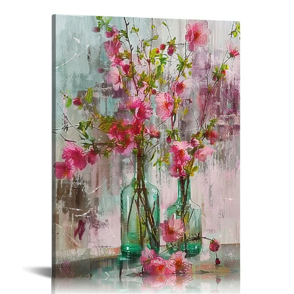 Creowell Pink Flower Canvas Wall Art Florals Abstract Picture Teal ...