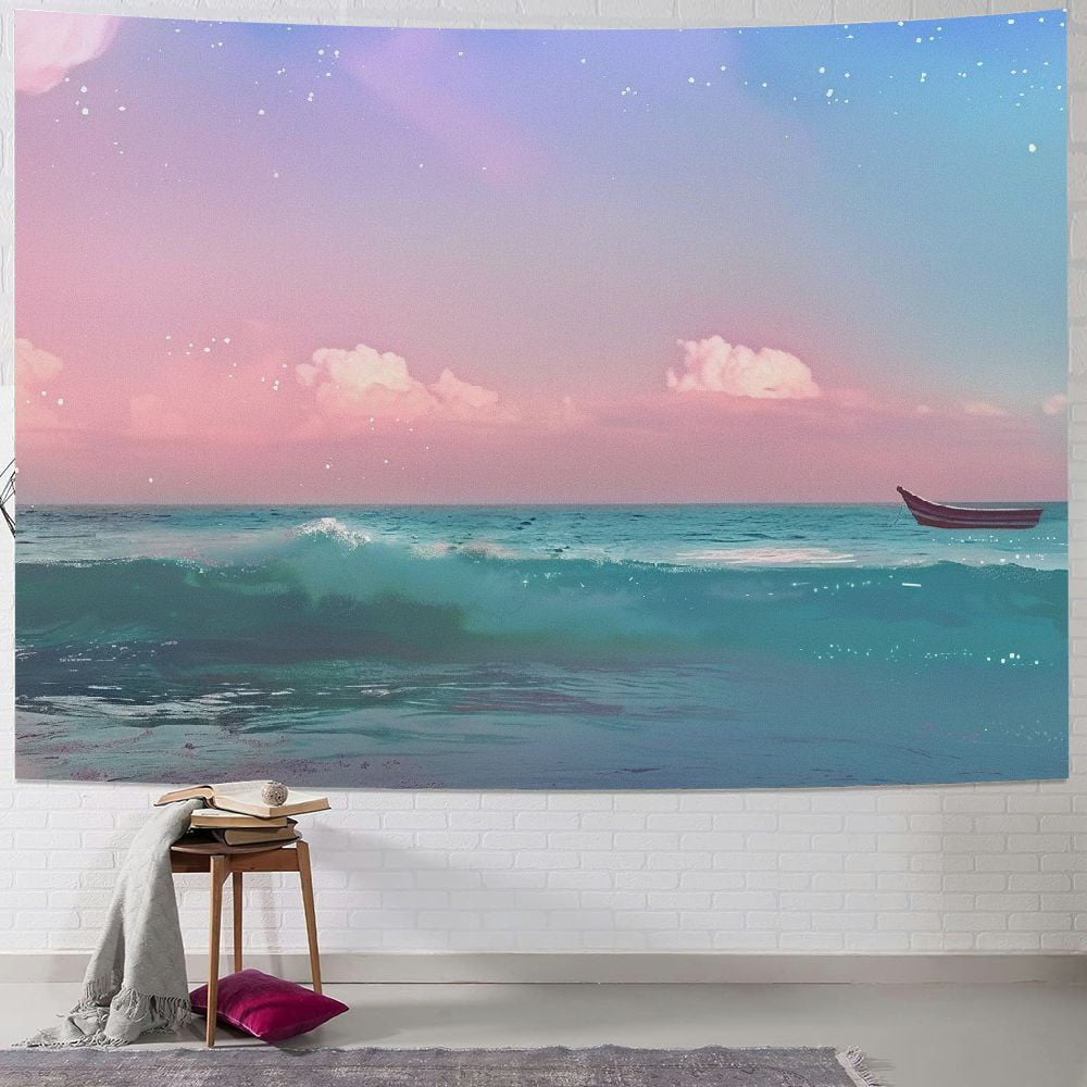Creowell Pink Ocean Tapestry Beach Tapestry Pink Sea Sky Moon ...