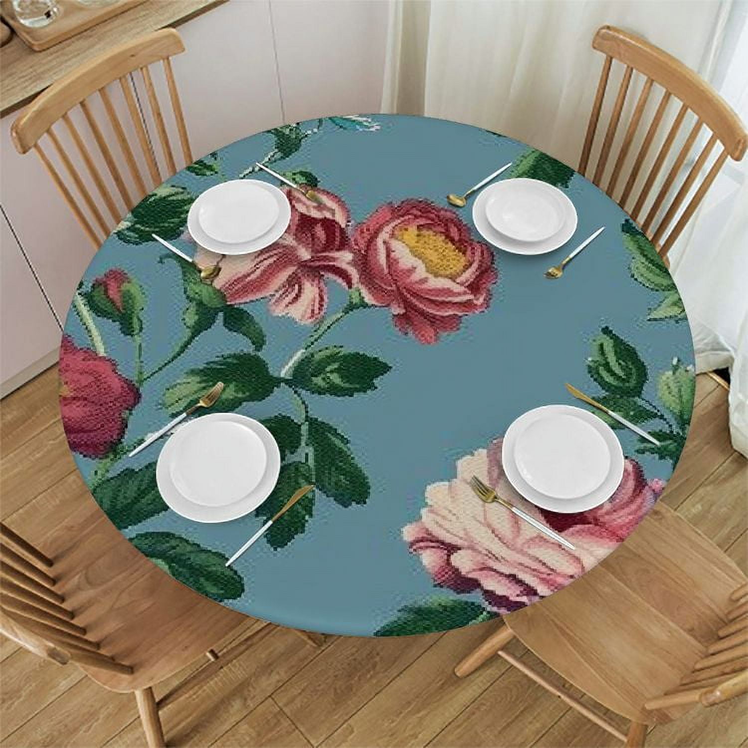 Creowell Pink Rose Flower Floral Round Tablecloth Romantic Green ...