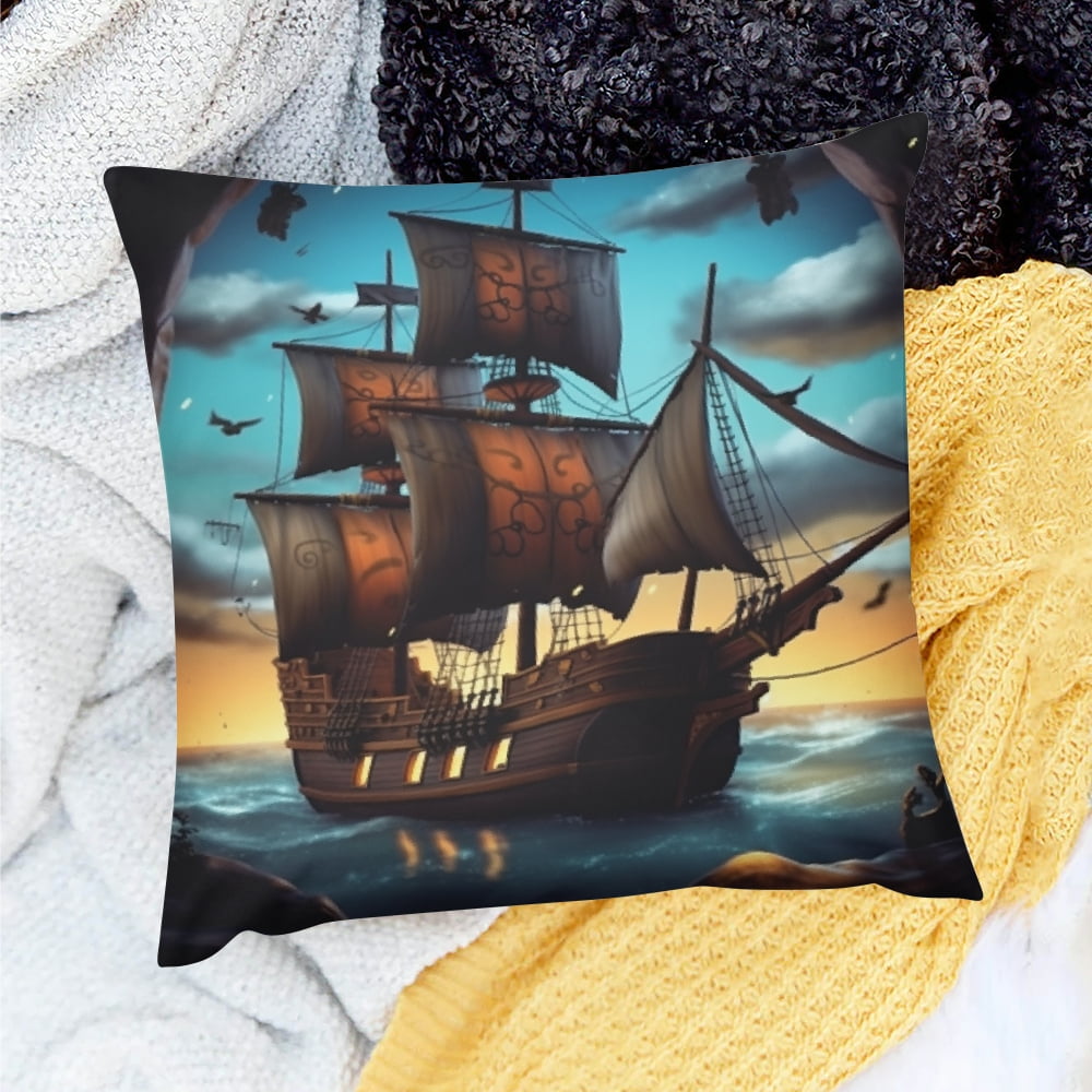 Creowell Pirate Ship Ocean Full Moon Square Cushion Cover 100% Linen ...