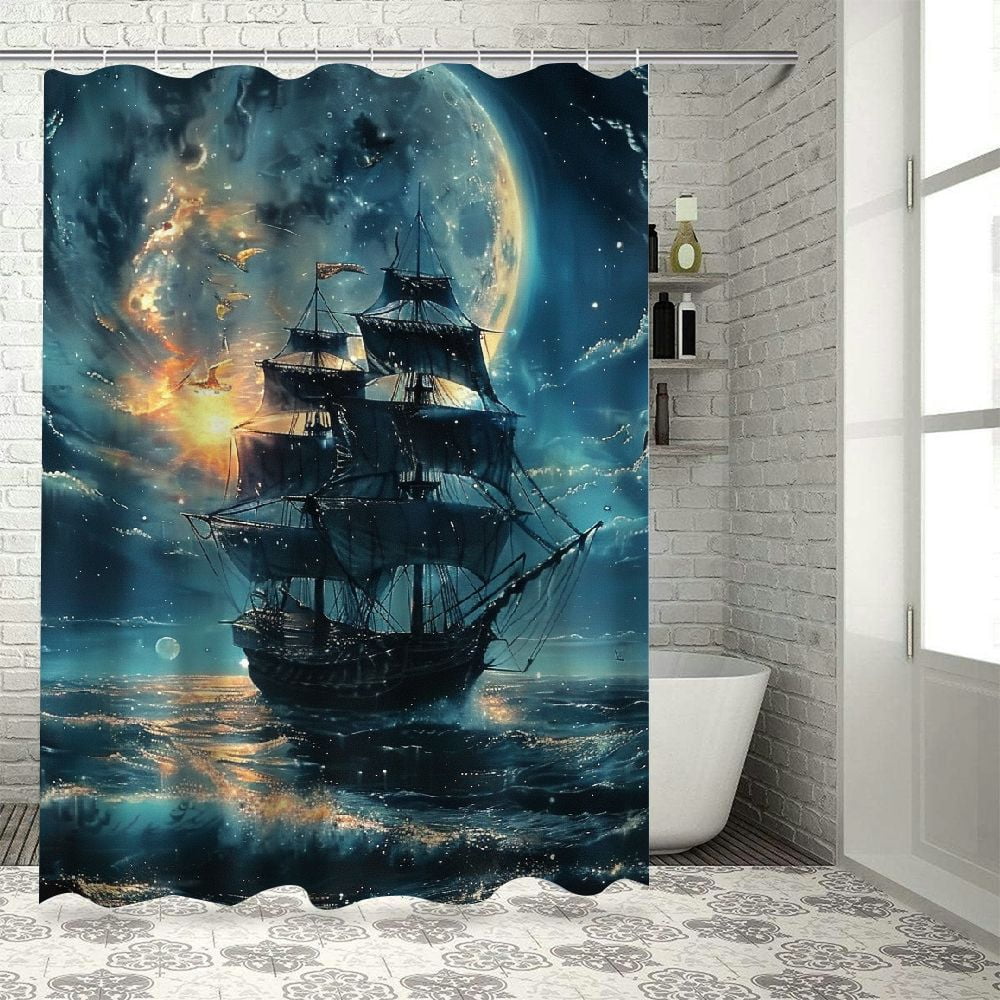 Creowell Pirate Ship Shower Curtain Nautical Sailboat Sailing Ocean ...