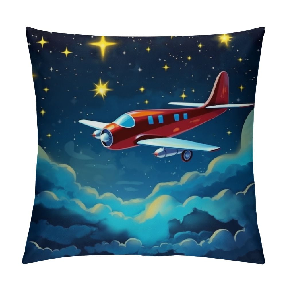 Creowell Plane Pillow Sham, Retro Airplane Flying at Night Sky with ...