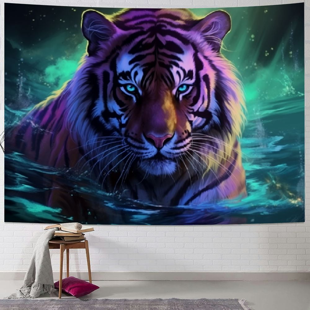 Creowell Psychedelic Tiger tapestry, Neon Tiger Art Wild Animal ...