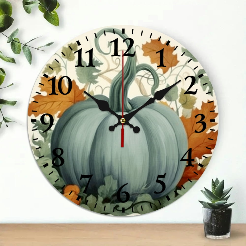 Creowell Pumpkin Leaves Vines Round Wooden Wall Clock 10 Inch 10x10in ...
