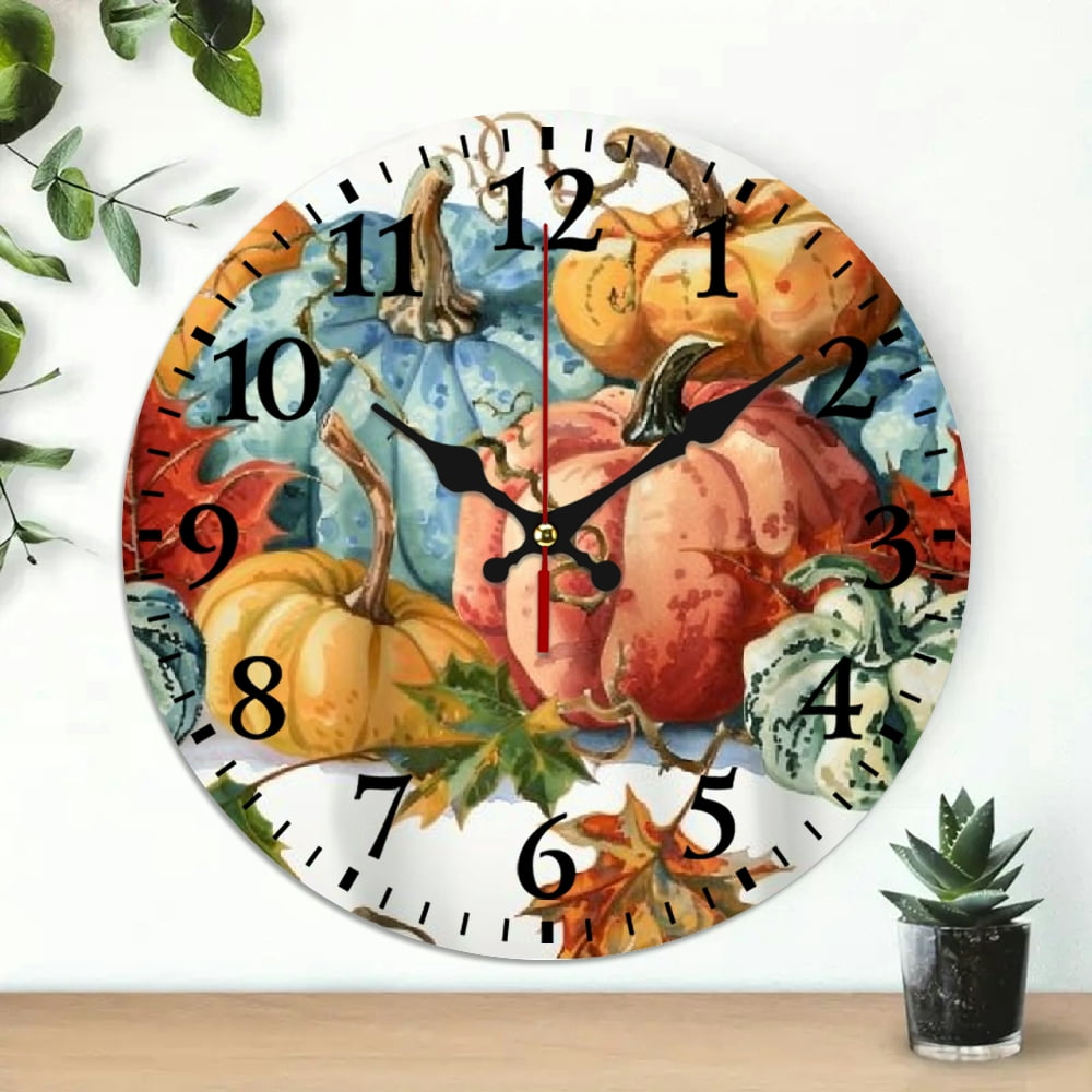 Creowell Pumpkins Squash Leaves Round Wooden Wall Clock 10 Inch 10x10in ...
