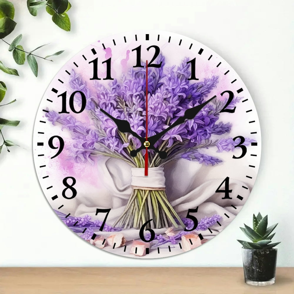 Creowell Purple Flowers Theme Wall Clock 10 Inch for Living Room Decor ...