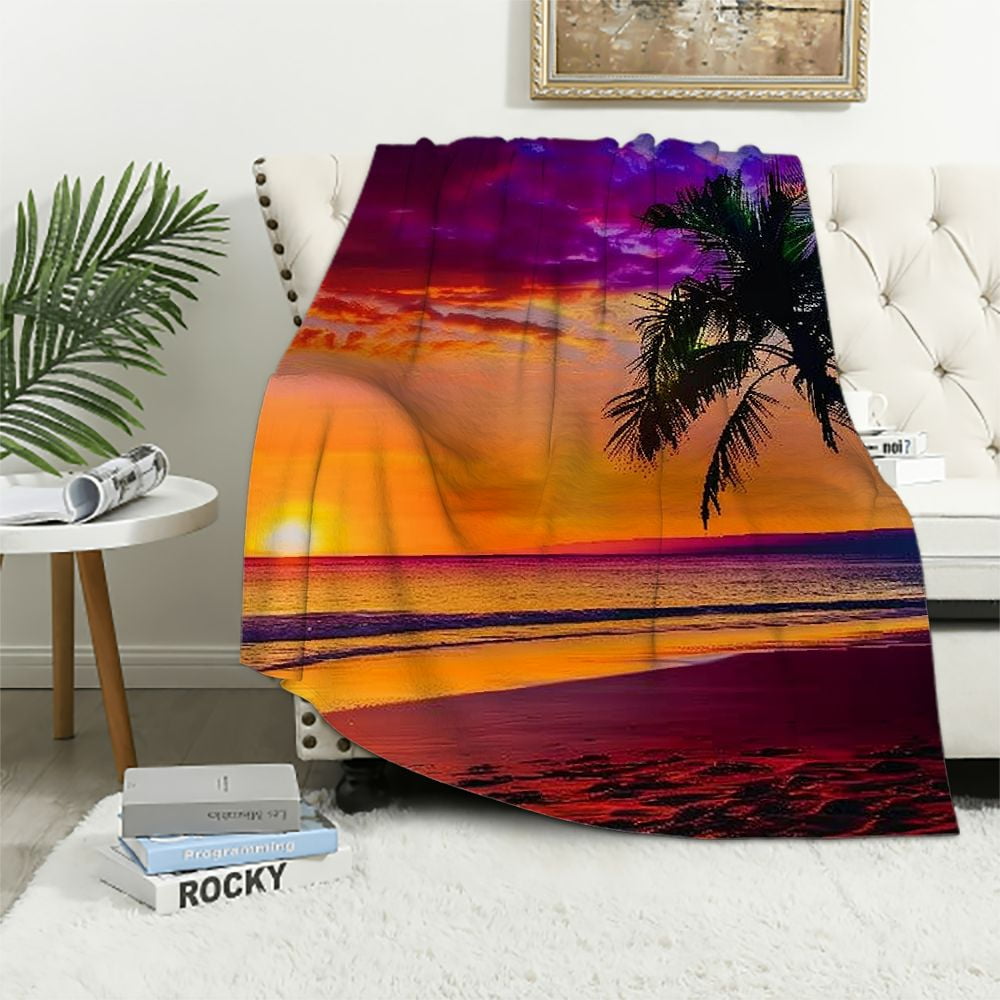 Creowell Purple Sky Print Blanket Quiet Sea Beach Orange Sunset Throw Blanket Tropical Coconut ...